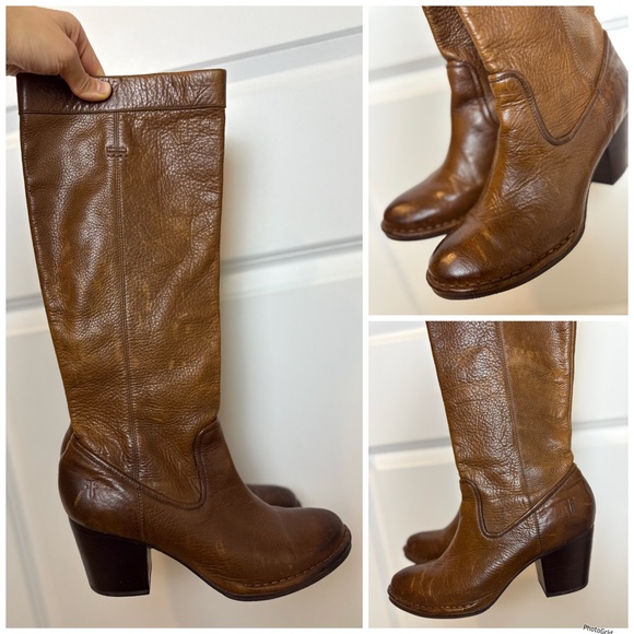 Frye | Shoes | Frye Rory Scrunch Brown Leather Heeled Boots 85m Tall ...